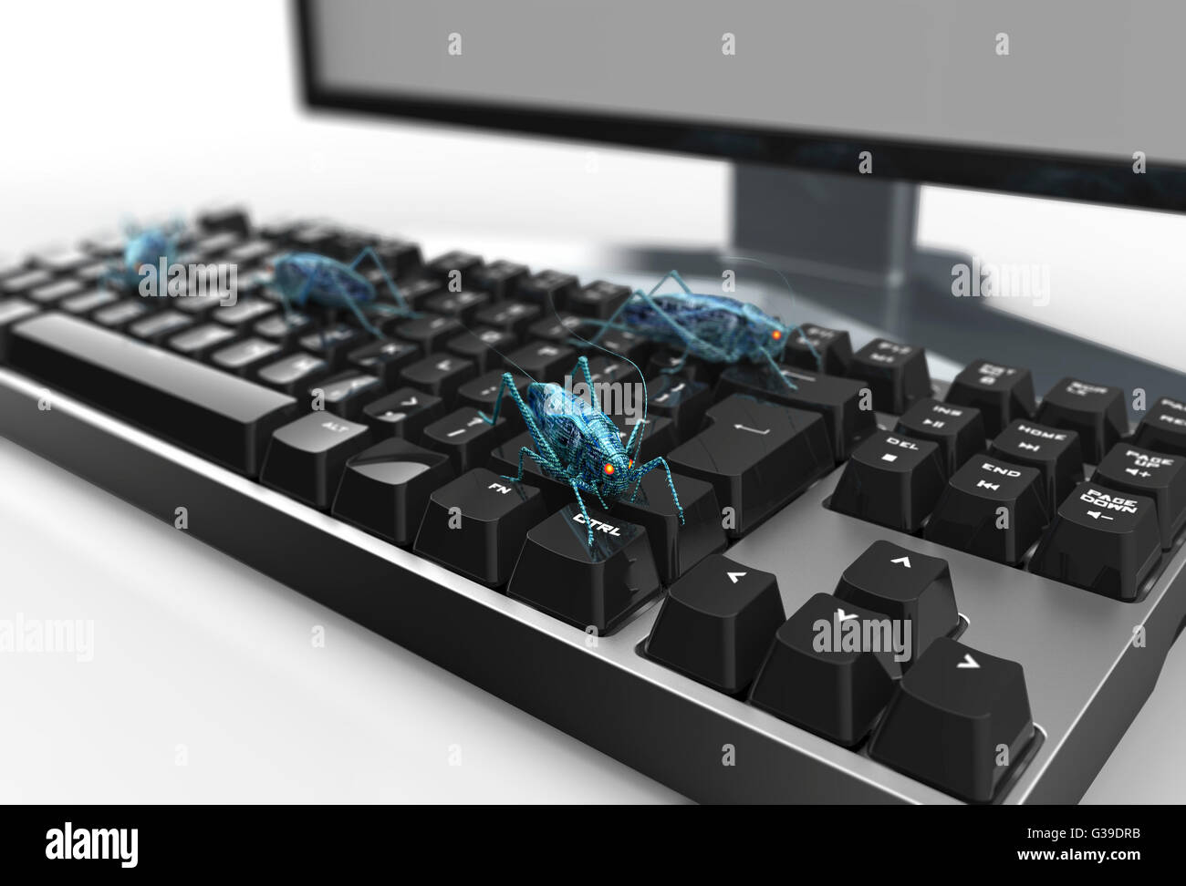 digital safety concept electronic bug on computer keyboard, 3D ...