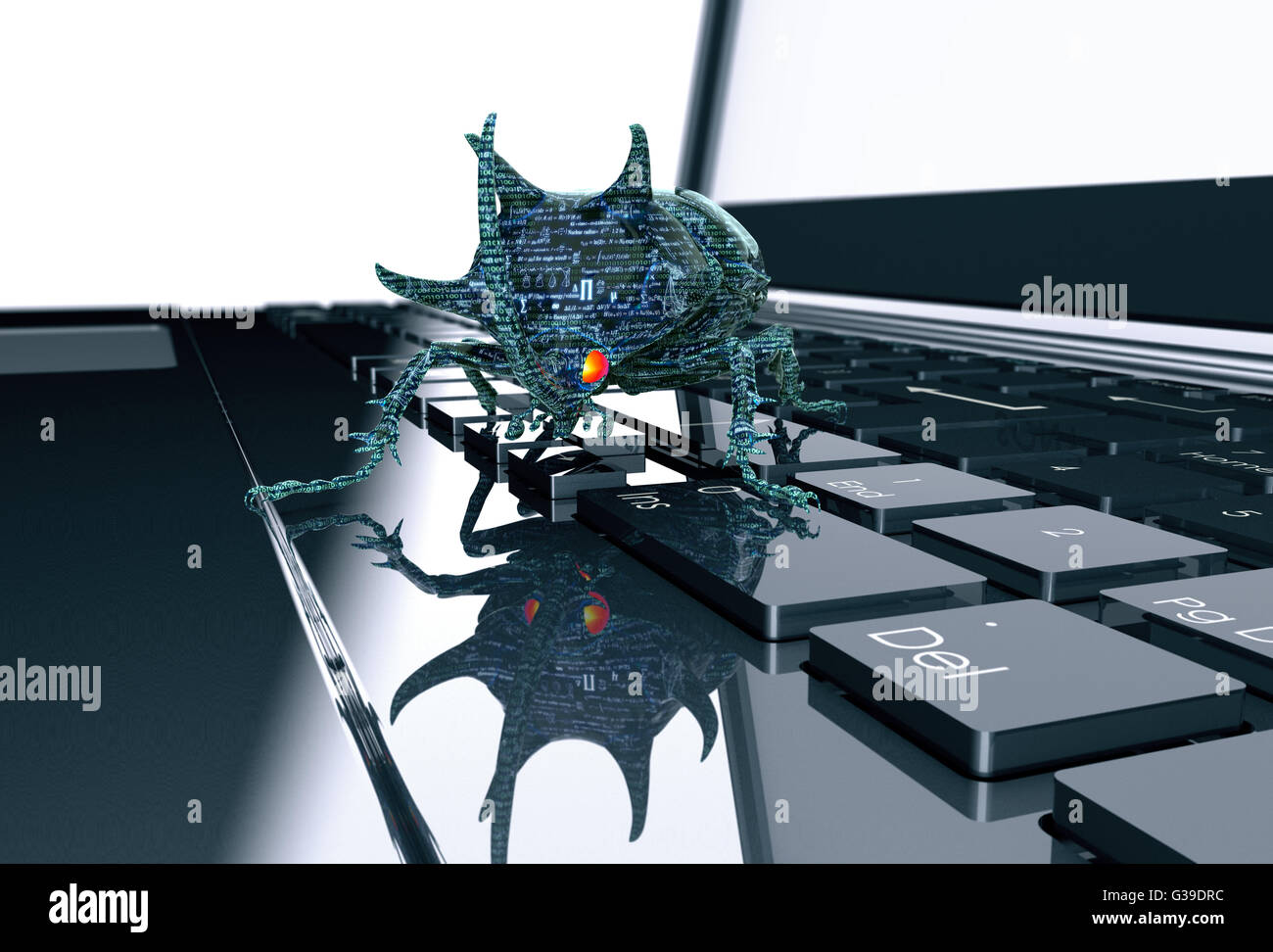 digital safety concept electronic bug on computer keyboard, 3D ...