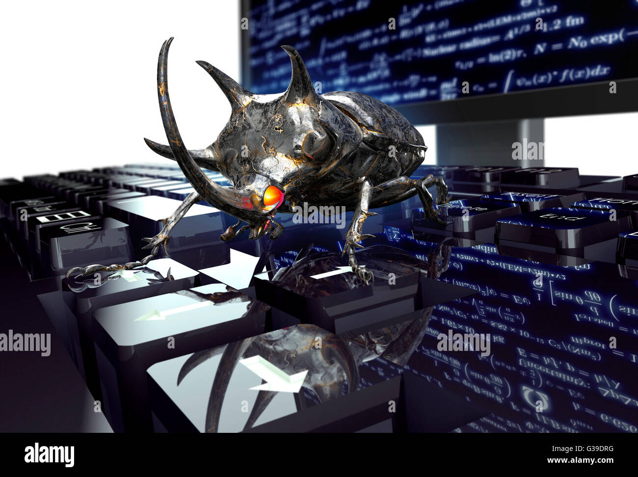 digital safety concept electronic bug on computer keyboard, 3D ...