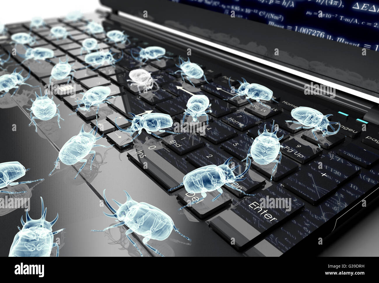 digital safety concept electronic bug on computer keyboard, 3D ...