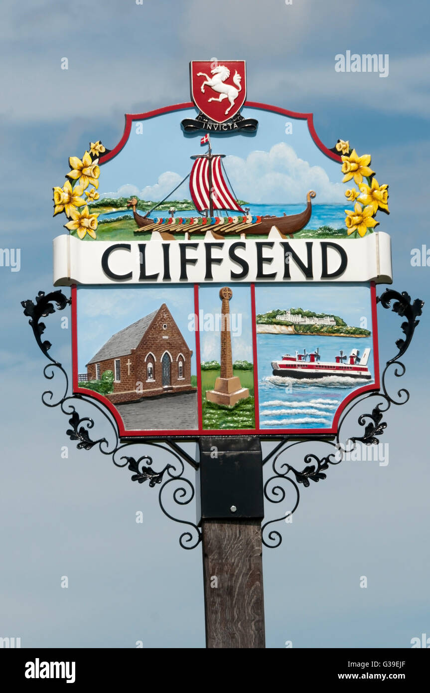Village sign for Cliffsend next to Pegwell Bay in Kent Stock Photo - Alamy