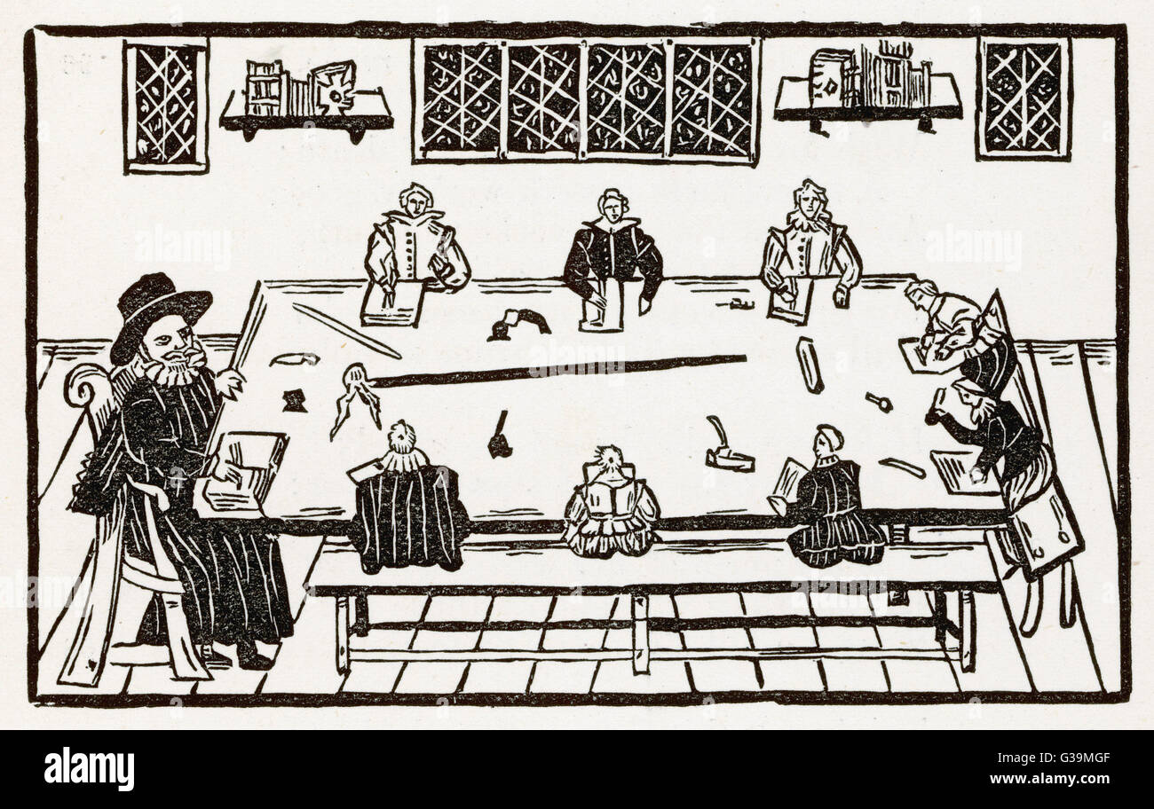 A teacher with eight pupils in a 17th century schoolroom Date: circa ...