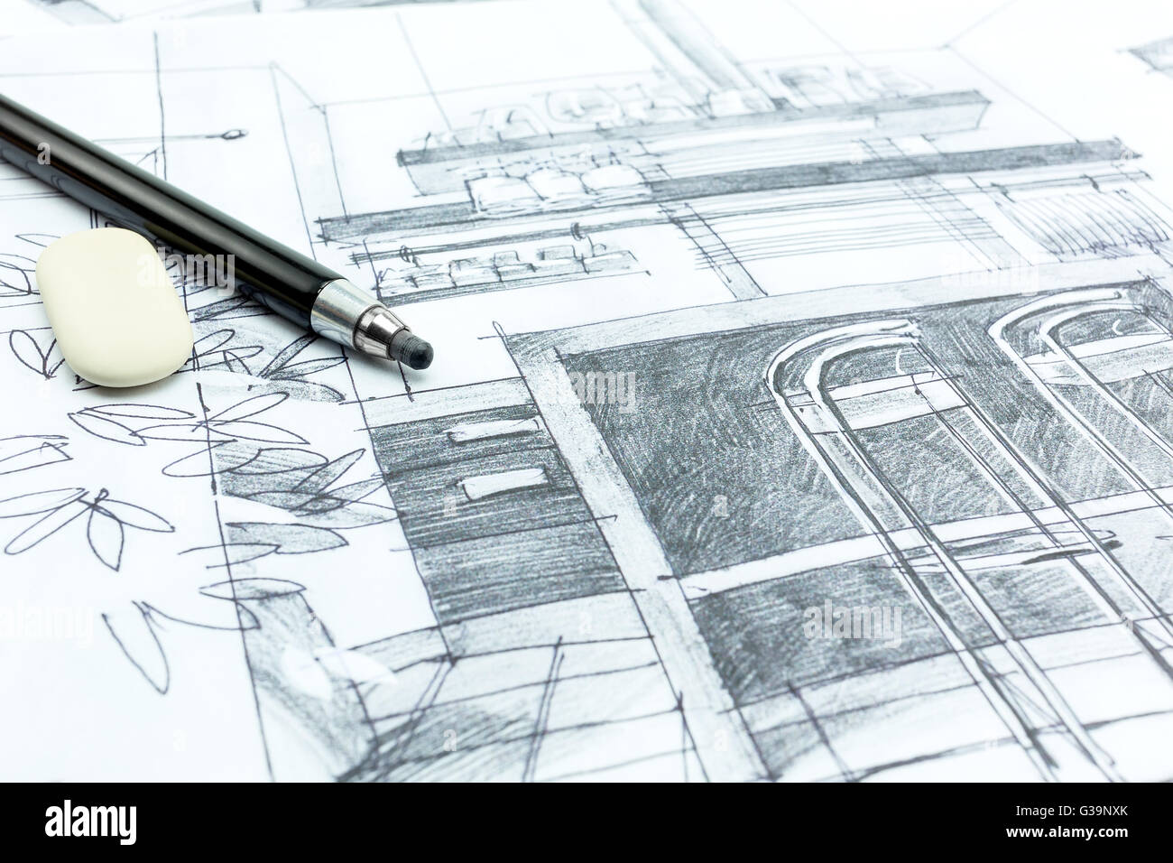 Hand drawing interior design. Part of architectural project Stock Photo ...