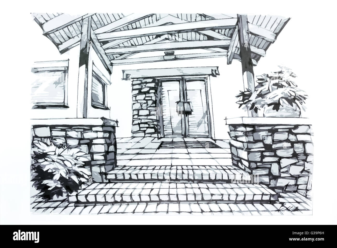 Hand drawing illustration of a home entrance. Architectural sketch ...