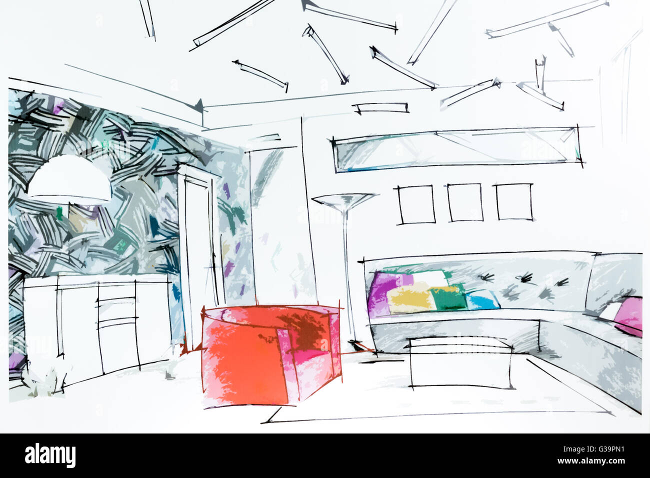 Watercolor sketch of an interior apartment. Living room Stock Photo - Alamy