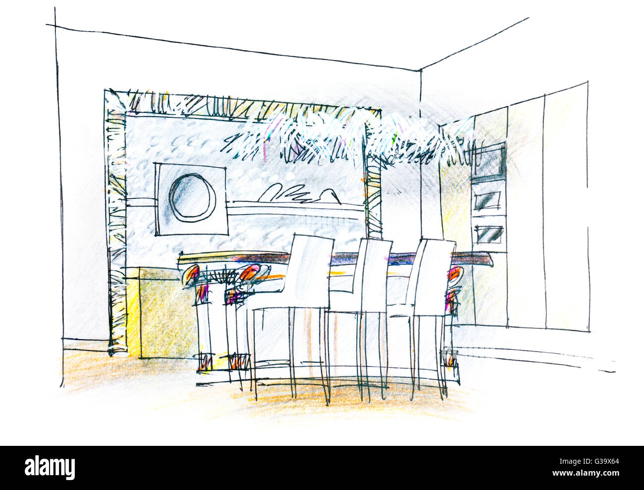 designer's hand drawing interior of modern living room on paper Stock ...