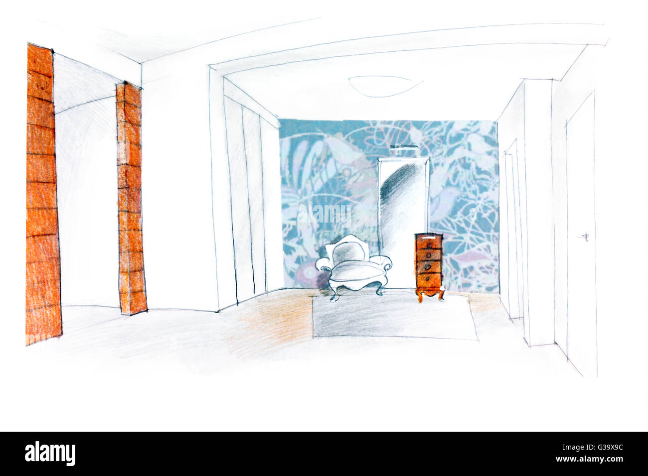 hall room interior illustration with furniture Stock Photo - Alamy