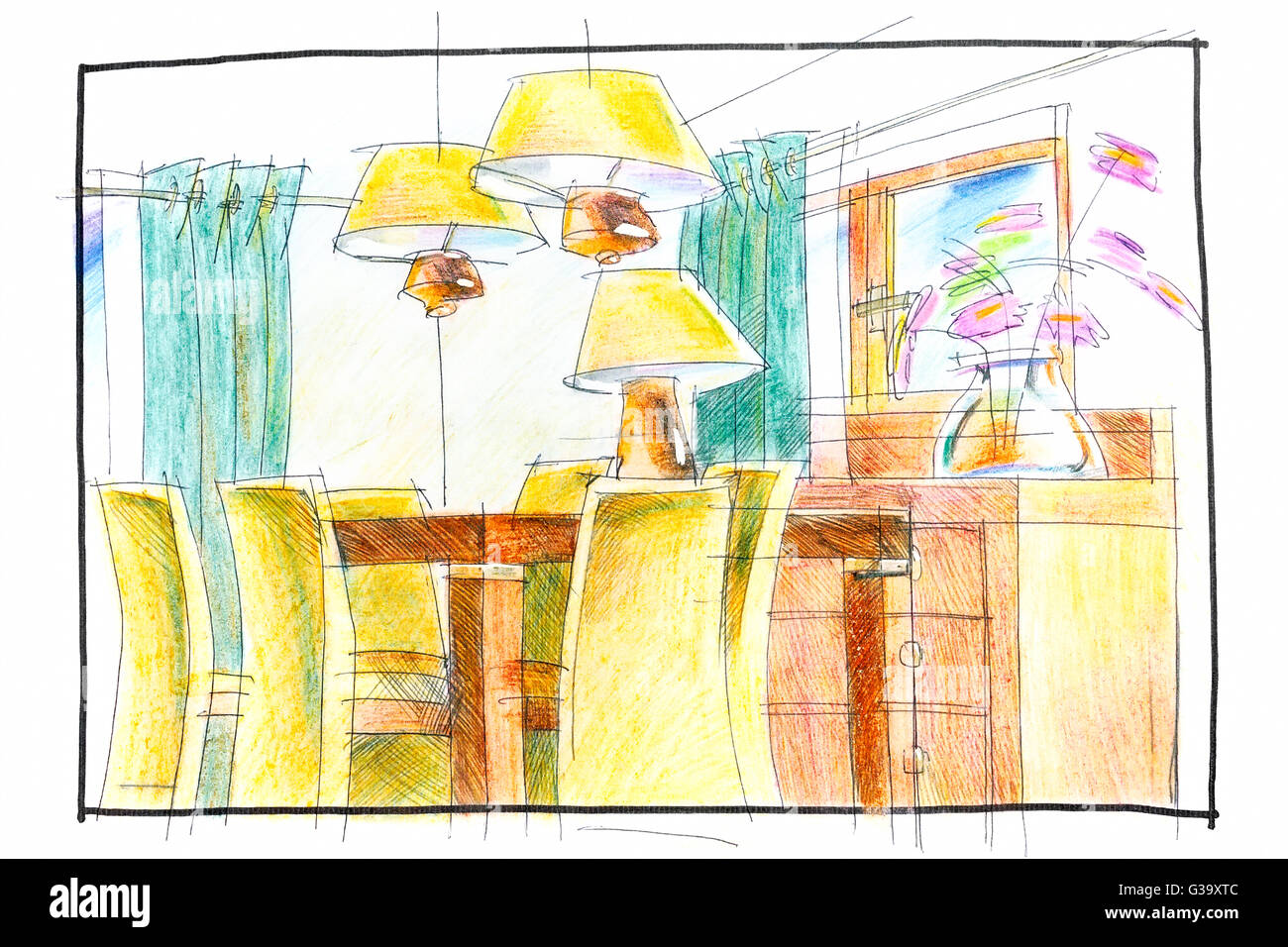 freehand sketch architectural drawing of living room with furniture ...