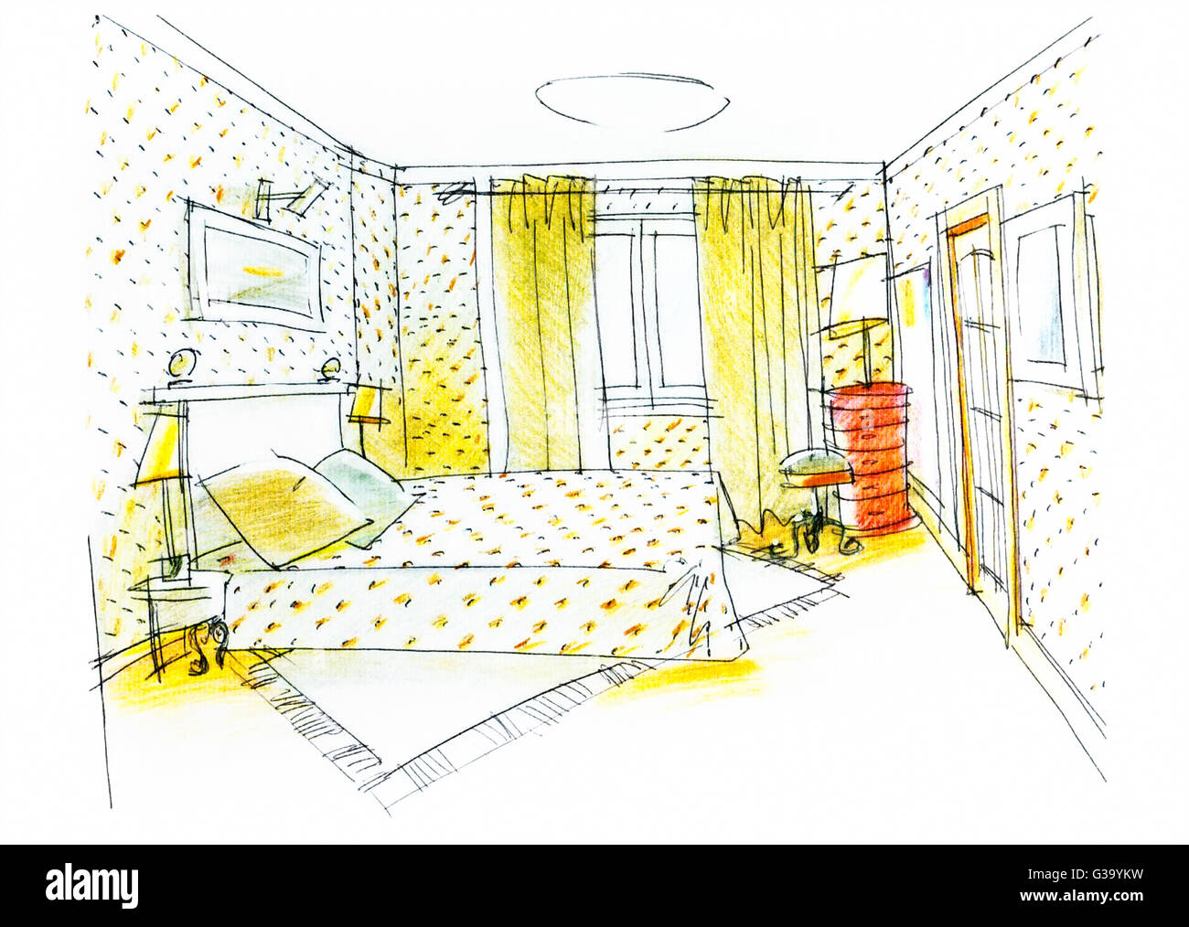 master bedroom for two colorful detailed sketch Stock Photo - Alamy