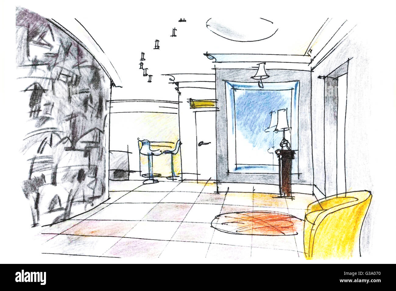 hall room crayon painting illustration with a wide perspective and ...