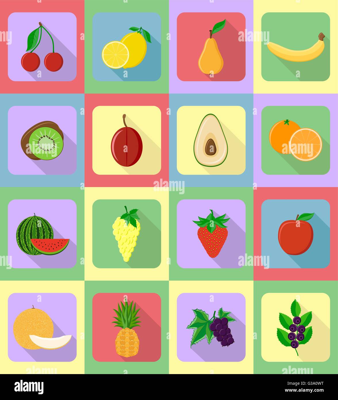 fruits flat set icons with the shadow vector illustration isolated on ...