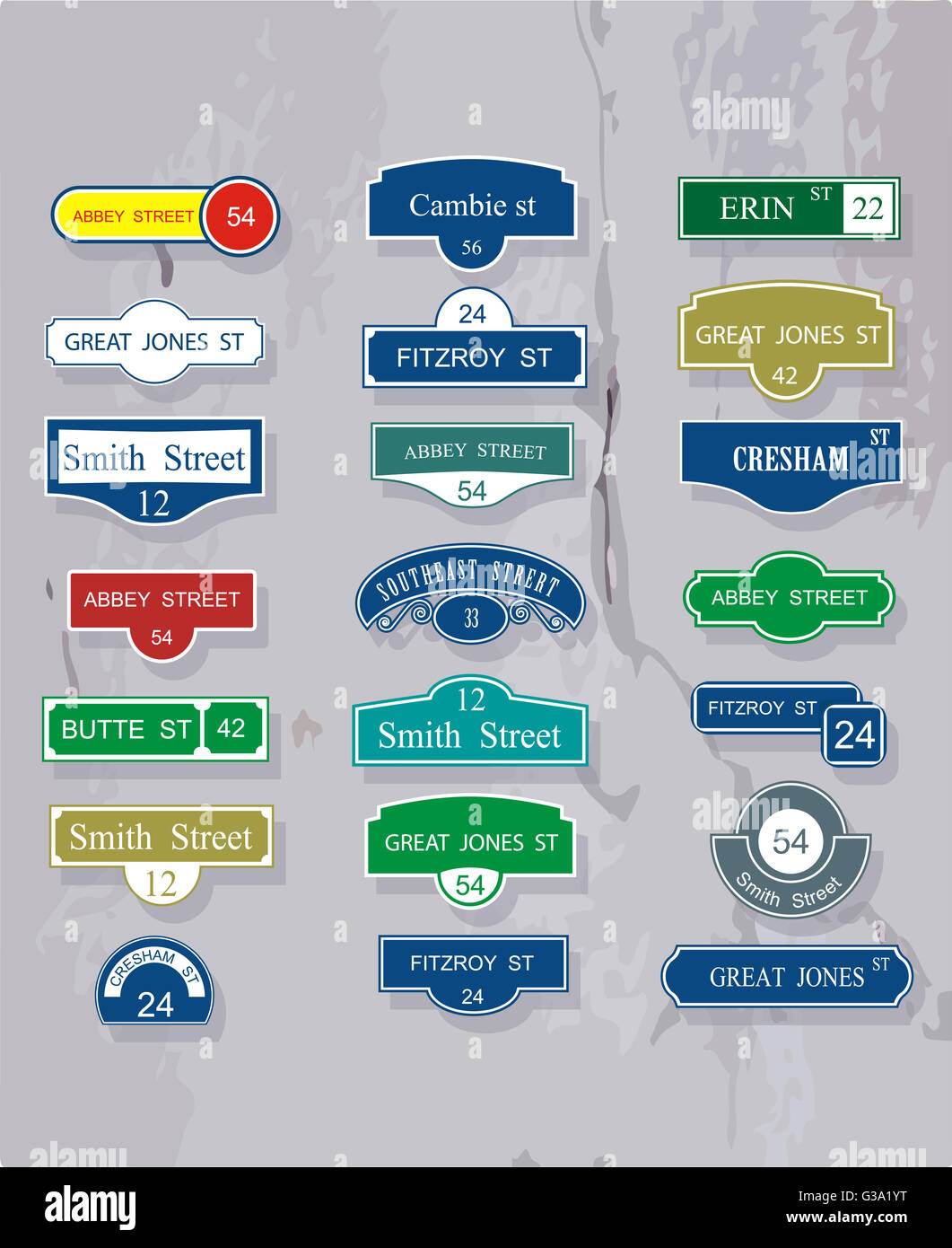 Set of tables for the names and numeration of streets Stock Photo - Alamy