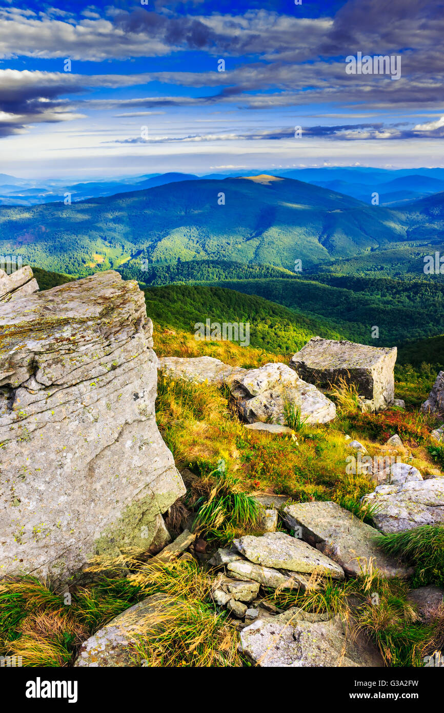 Giant sharp stones among the grass on the top of mountain meadows in ...