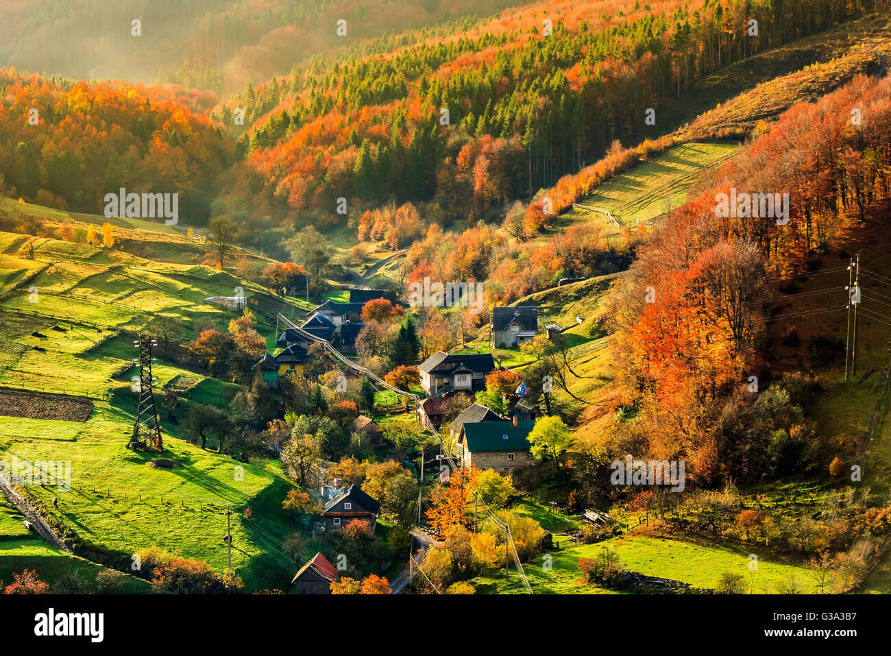 autumn landscape. village on the hillside. forest on the mountain ...
