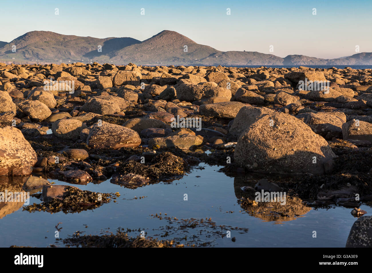 Rocks and rock pools in evening light Waterville Beach County Kerry ...
