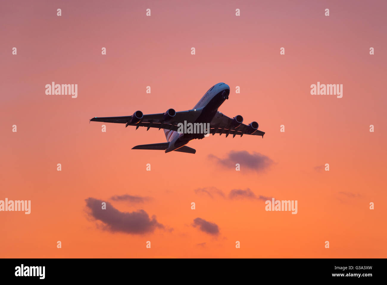 Airbus A380 in sunset light, taking off from Heathrow airport Stock ...