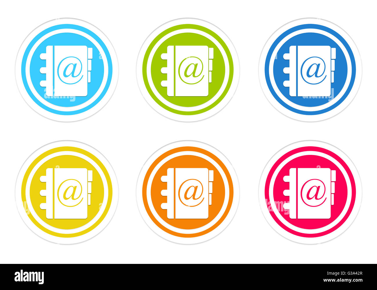 Set of rounded colorful icons with address book symbol in blue, green ...