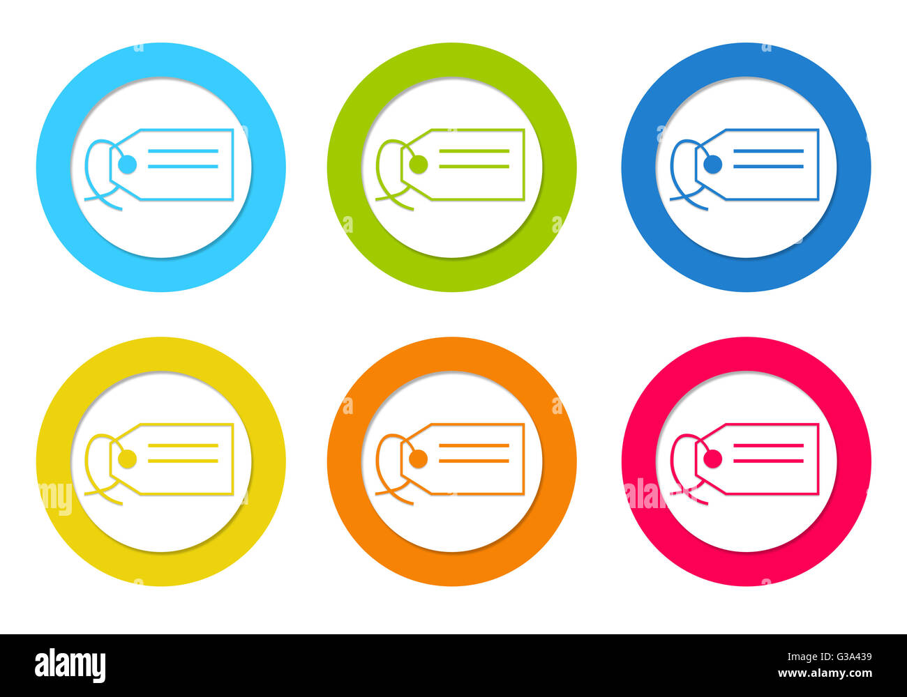 Set of colorful rounded icons with label symbol in blue, green, yellow ...