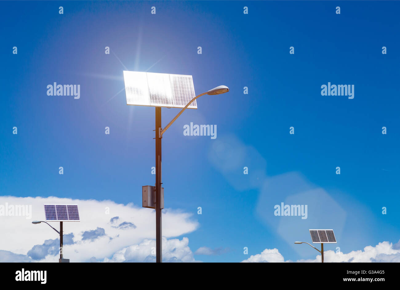 Solar panels on lamp posts using sunlight to generate electrical energy ...