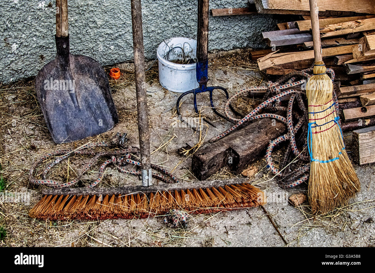 Yard and Garden Tools. Shovel, broom, rake Stock Photo - Alamy