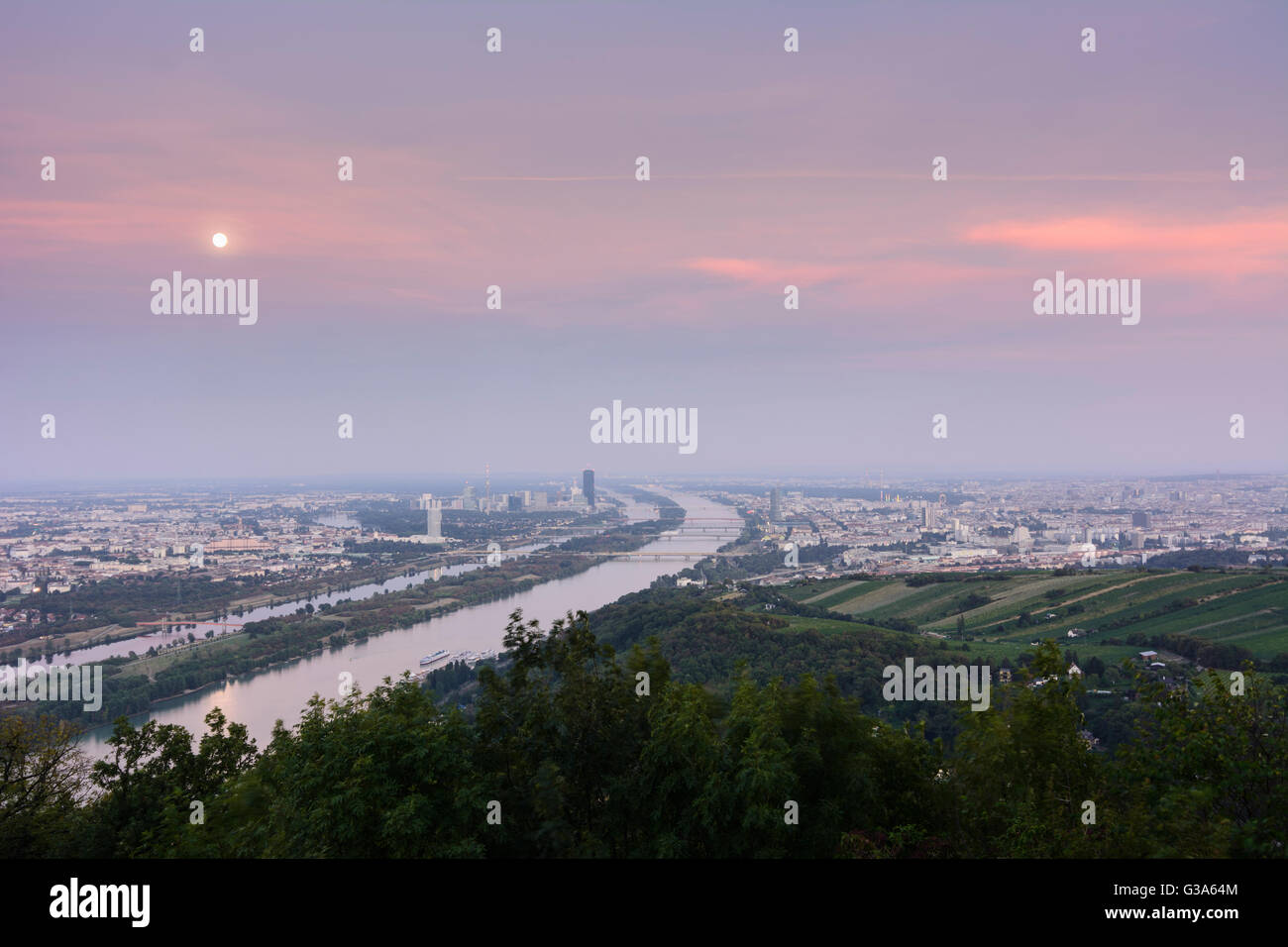 View from Leopoldsberg at Vienna with cruise ships , Old Danube , New ...