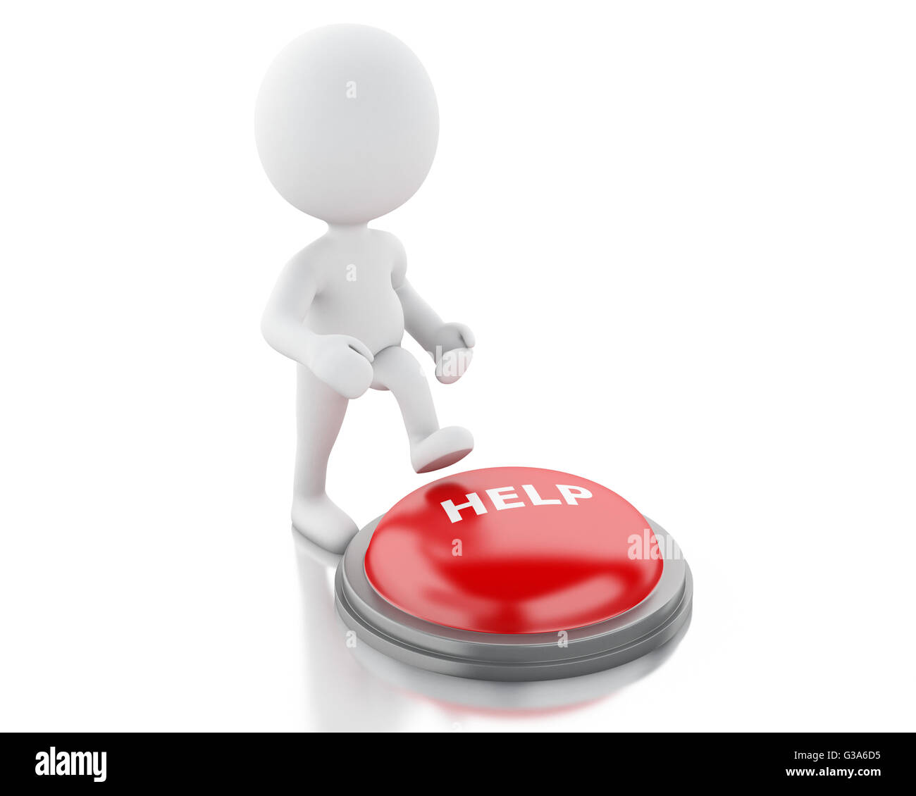 3d renderer image. White people push HELP button. Isolated white ...