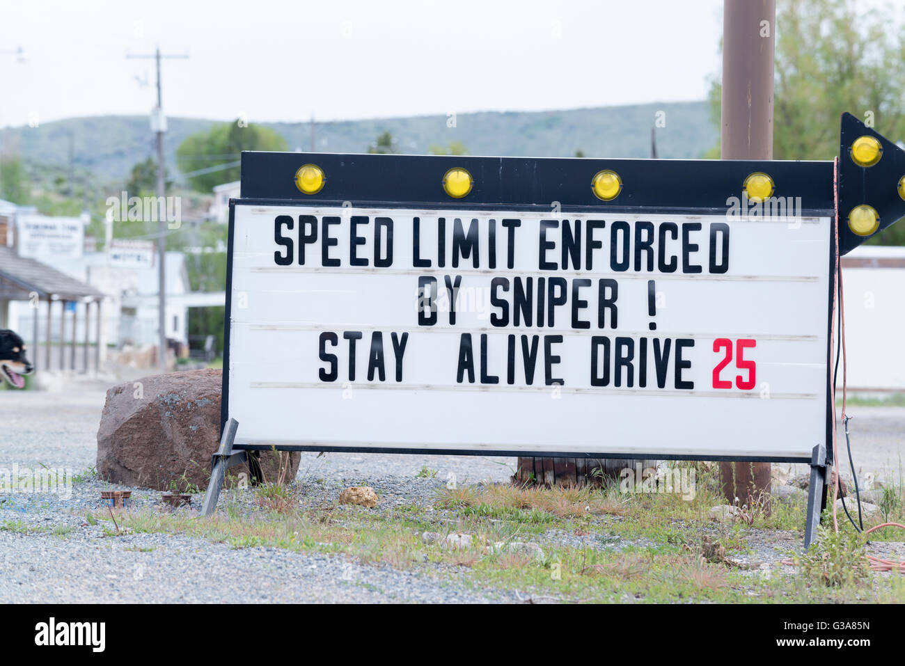 "Speed limit enforced by sniper" sign in the small town of Mountain ...