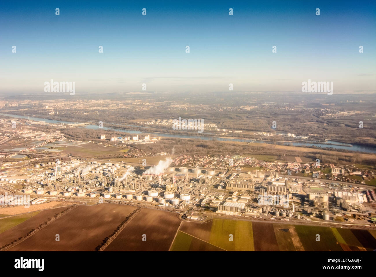 Aerial view Schwechat refinery of OMV and Danube, Austria ...