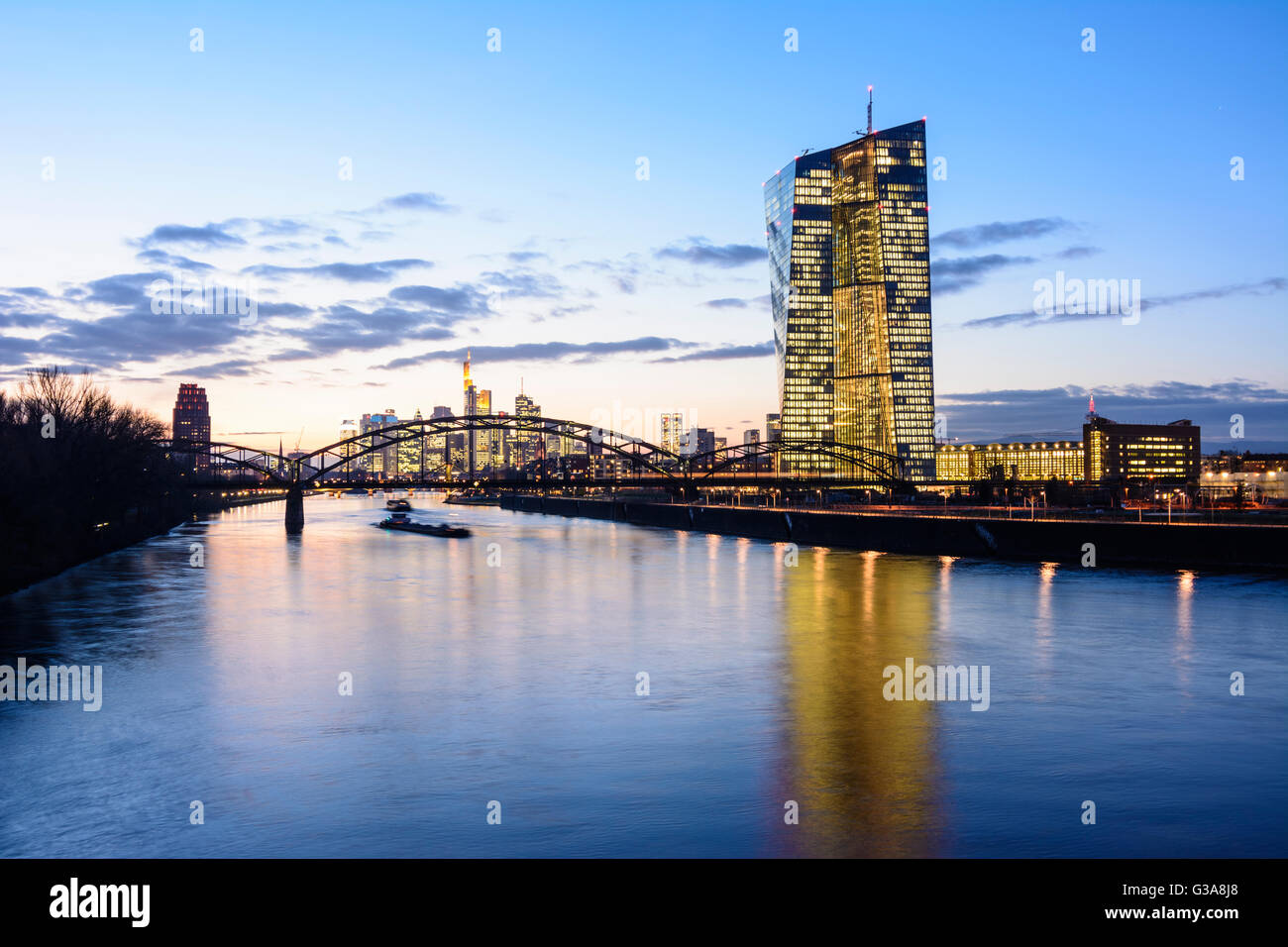European Central Bank (ECB) with bridge Deutschherrnbrücke over the ...