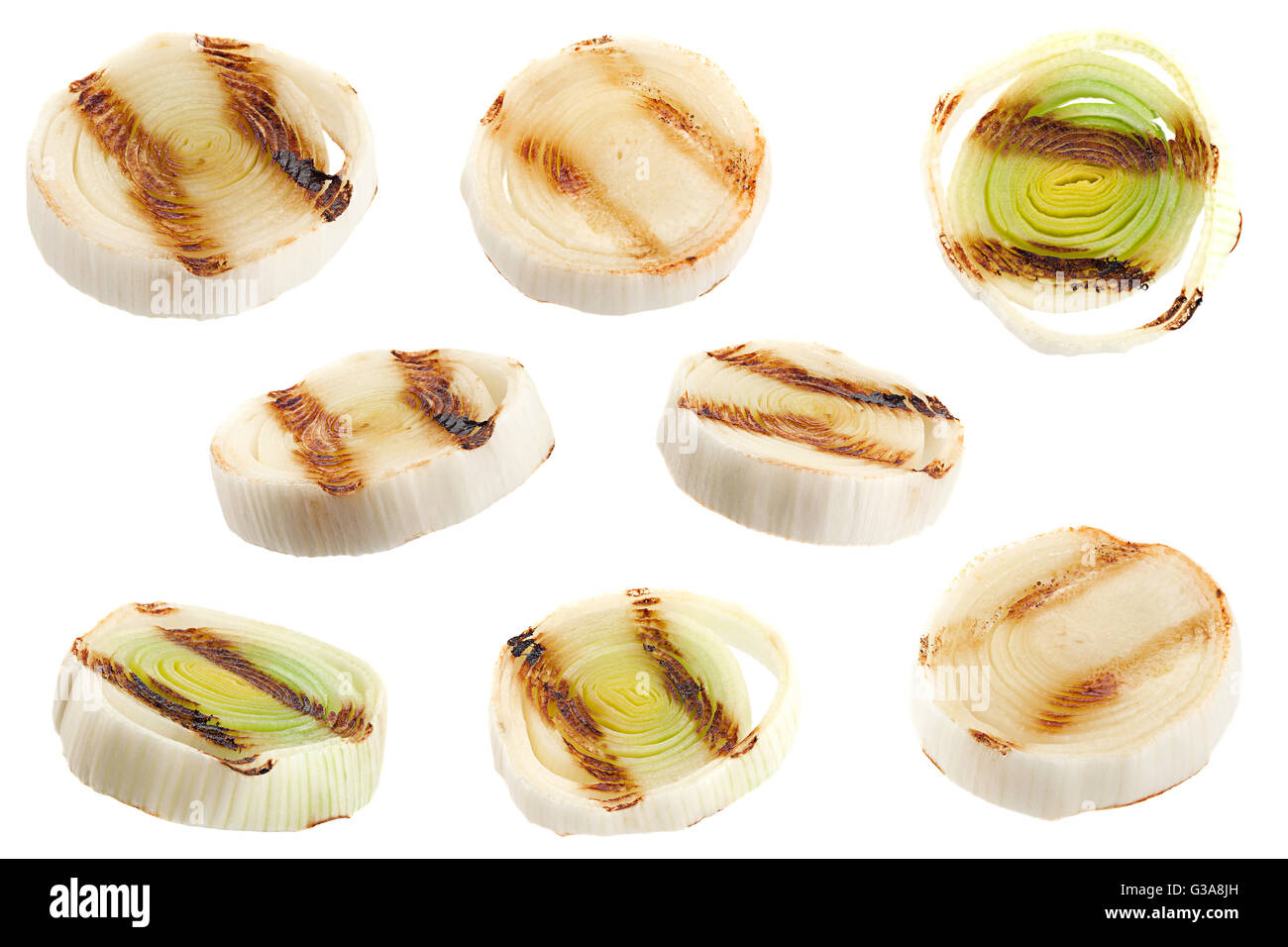 Leek grilled rings set isolated on white Stock Photo - Alamy