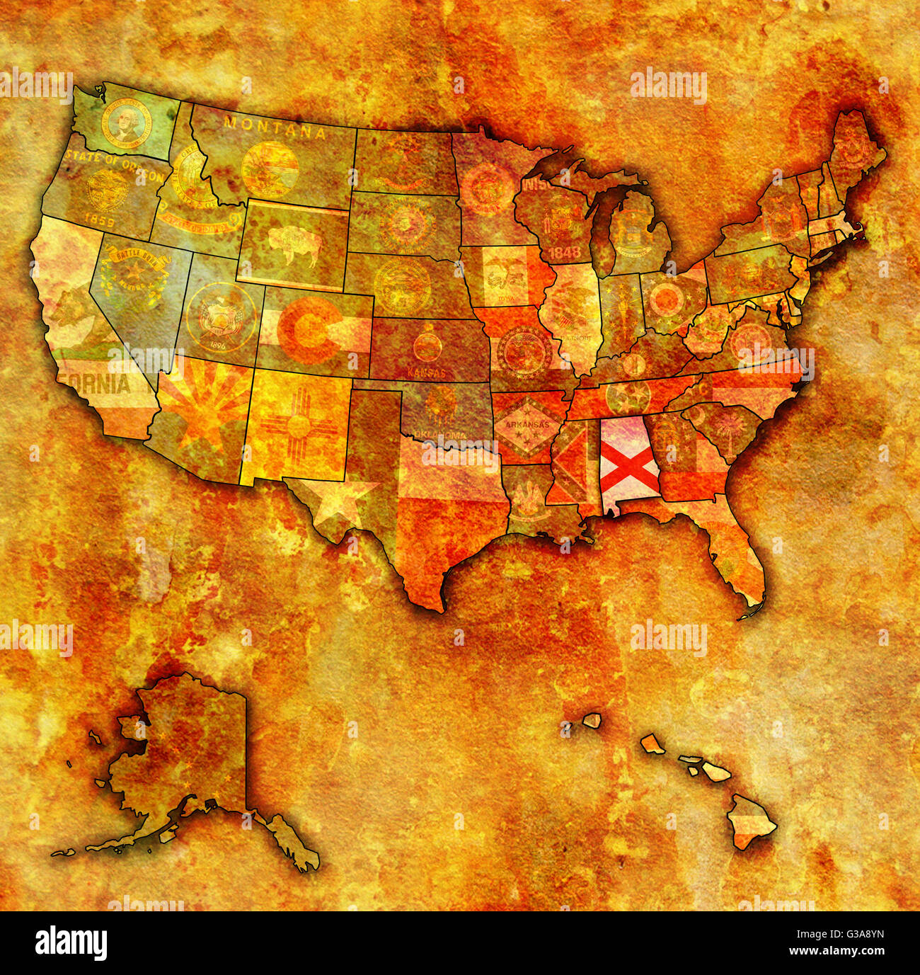 alabama on old vintage map of usa with state borders Stock Photo - Alamy