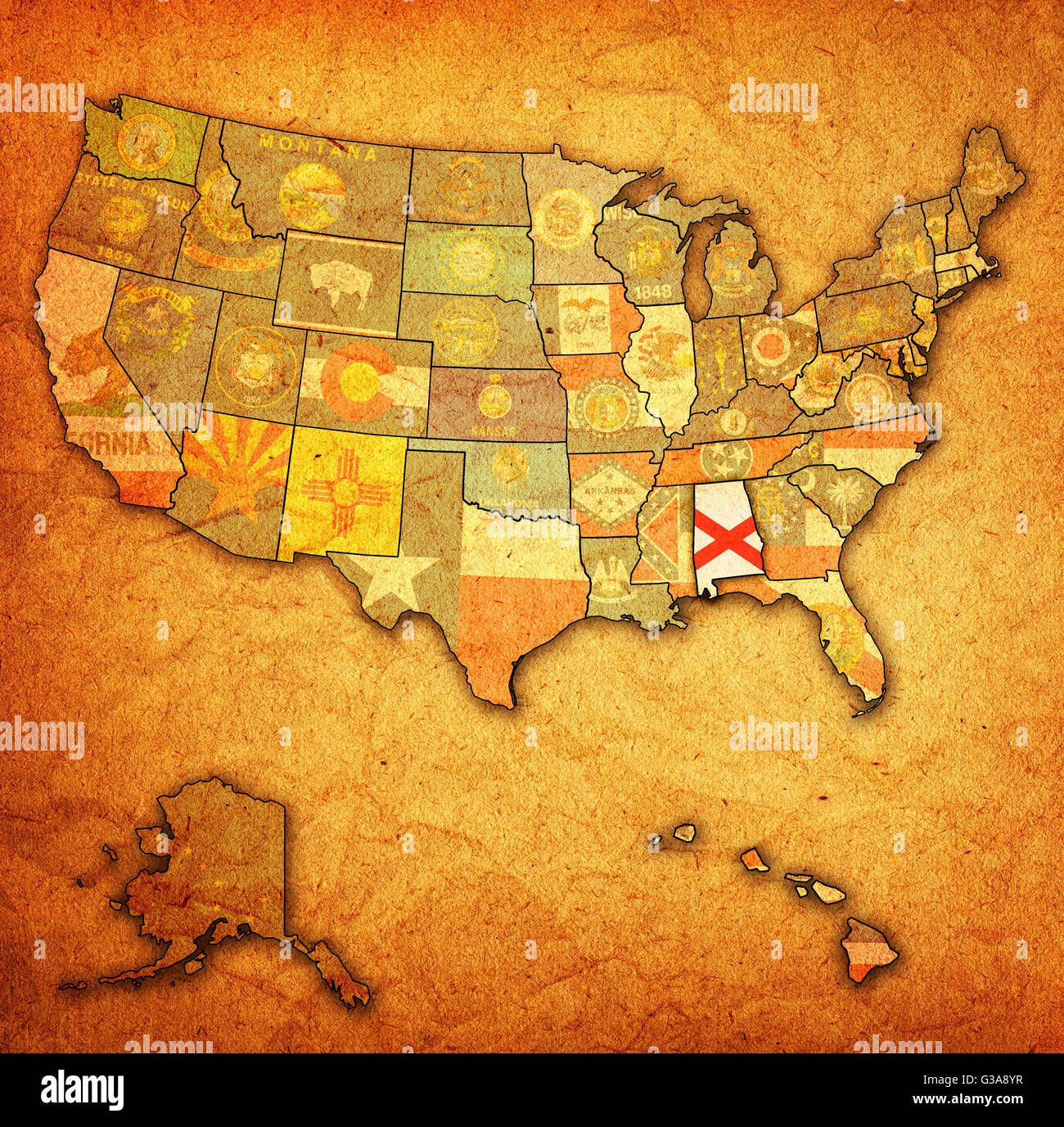 alabama on old vintage map of usa with state borders Stock Photo - Alamy