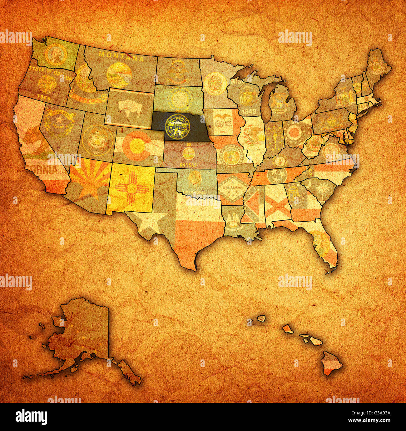 nebraska on old vintage map of usa with state borders Stock Photo - Alamy