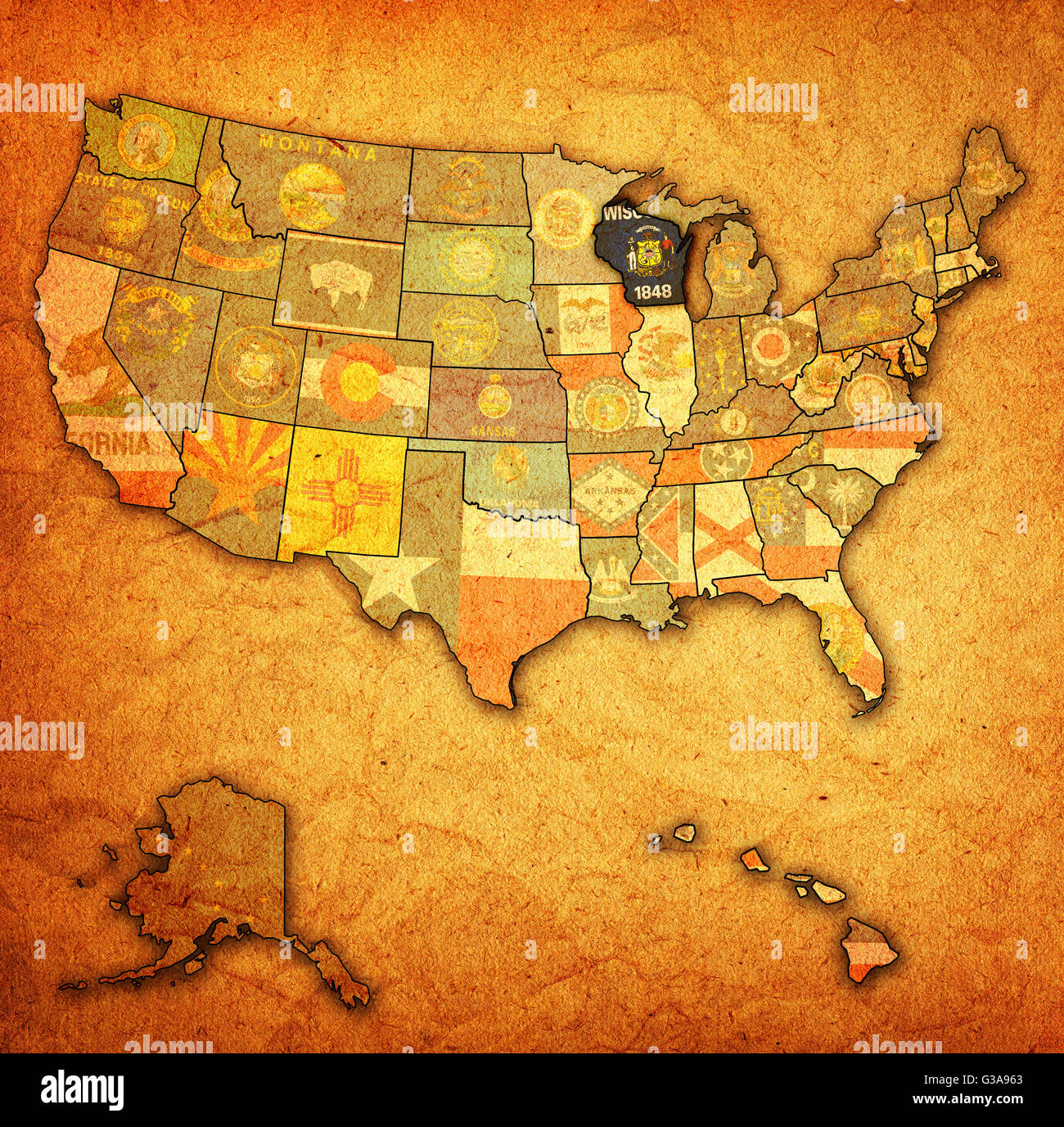wisconsin on old vintage map of usa with state borders Stock Photo - Alamy