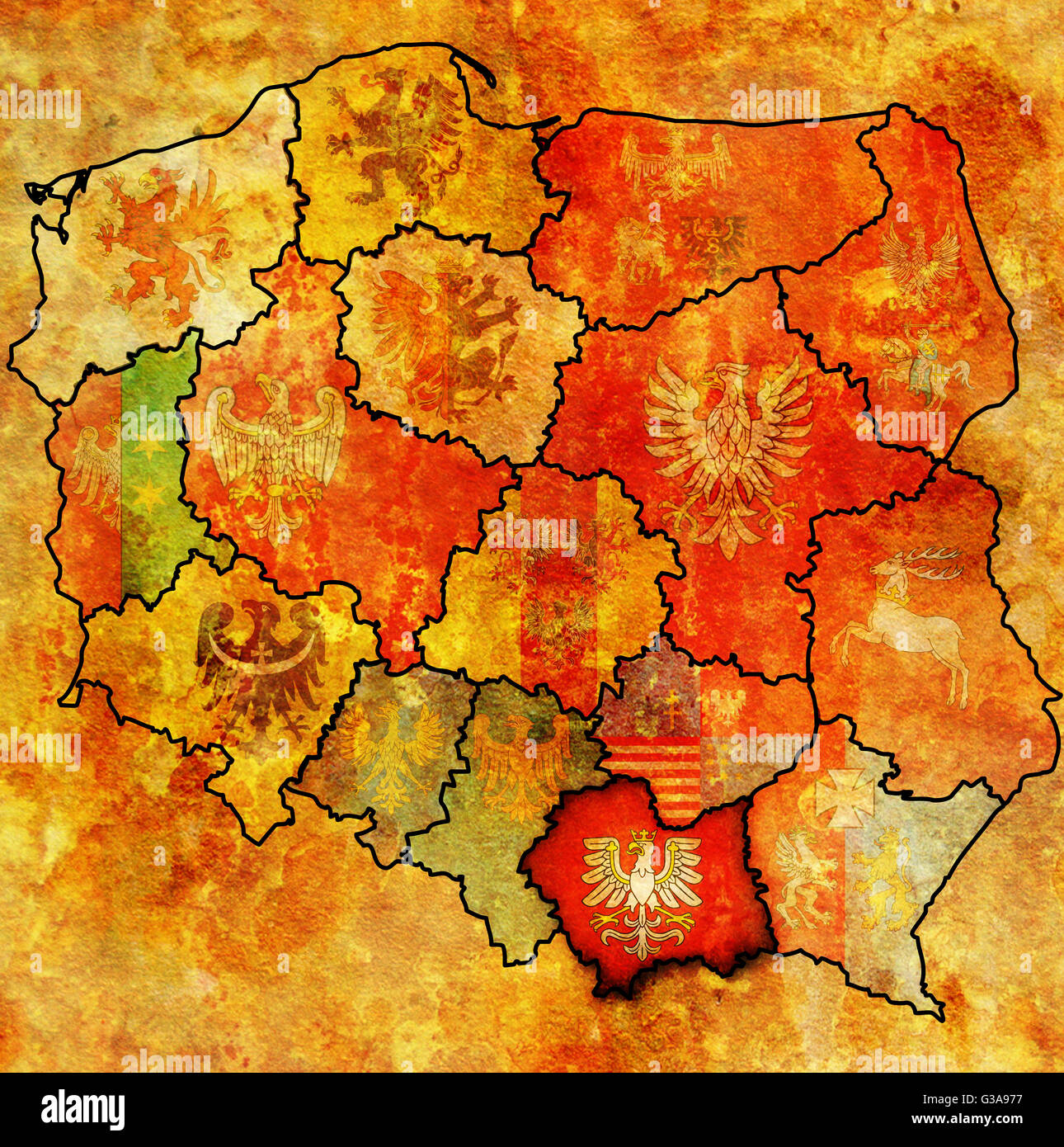 lesser poland region on administration map of poland with flags of ...