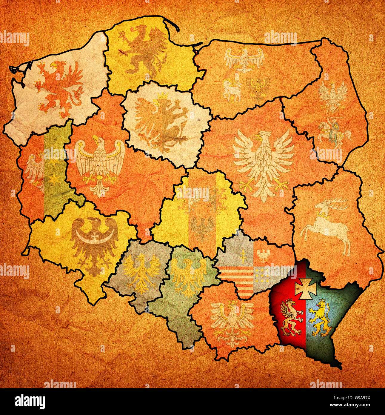 podkarpackie region on administration map with flag of other polish ...