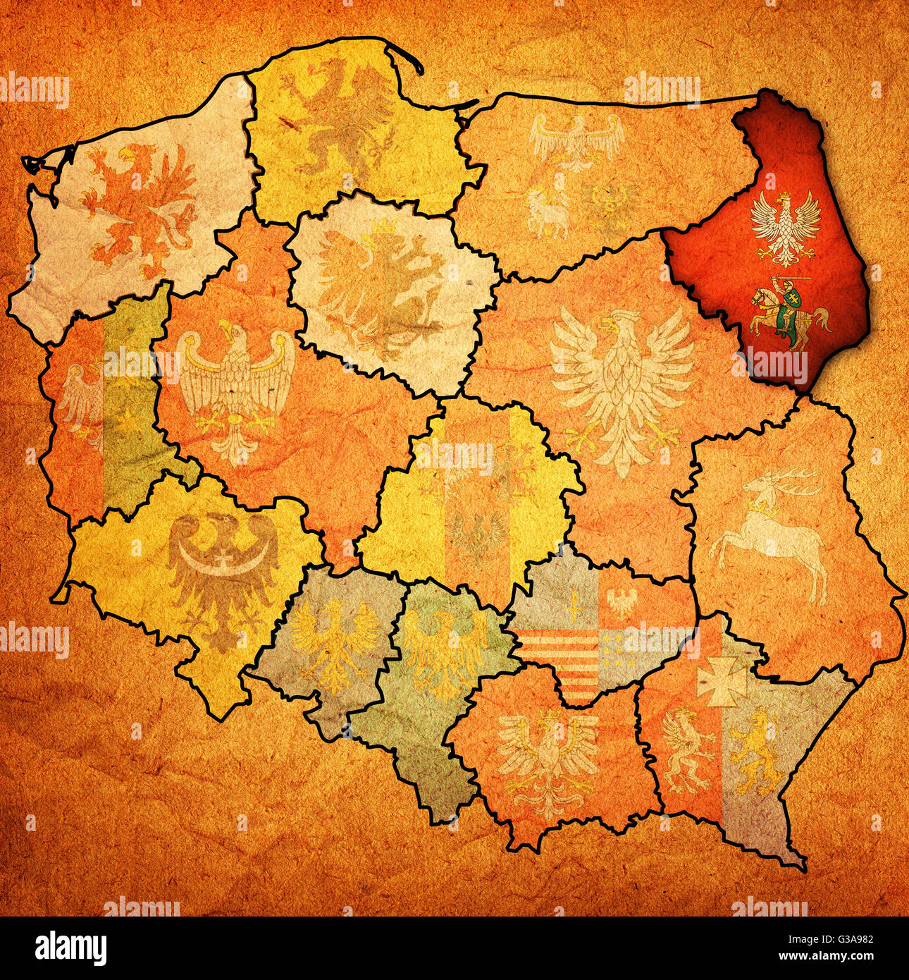 podlaskie region on administration map of poland with flags of other ...