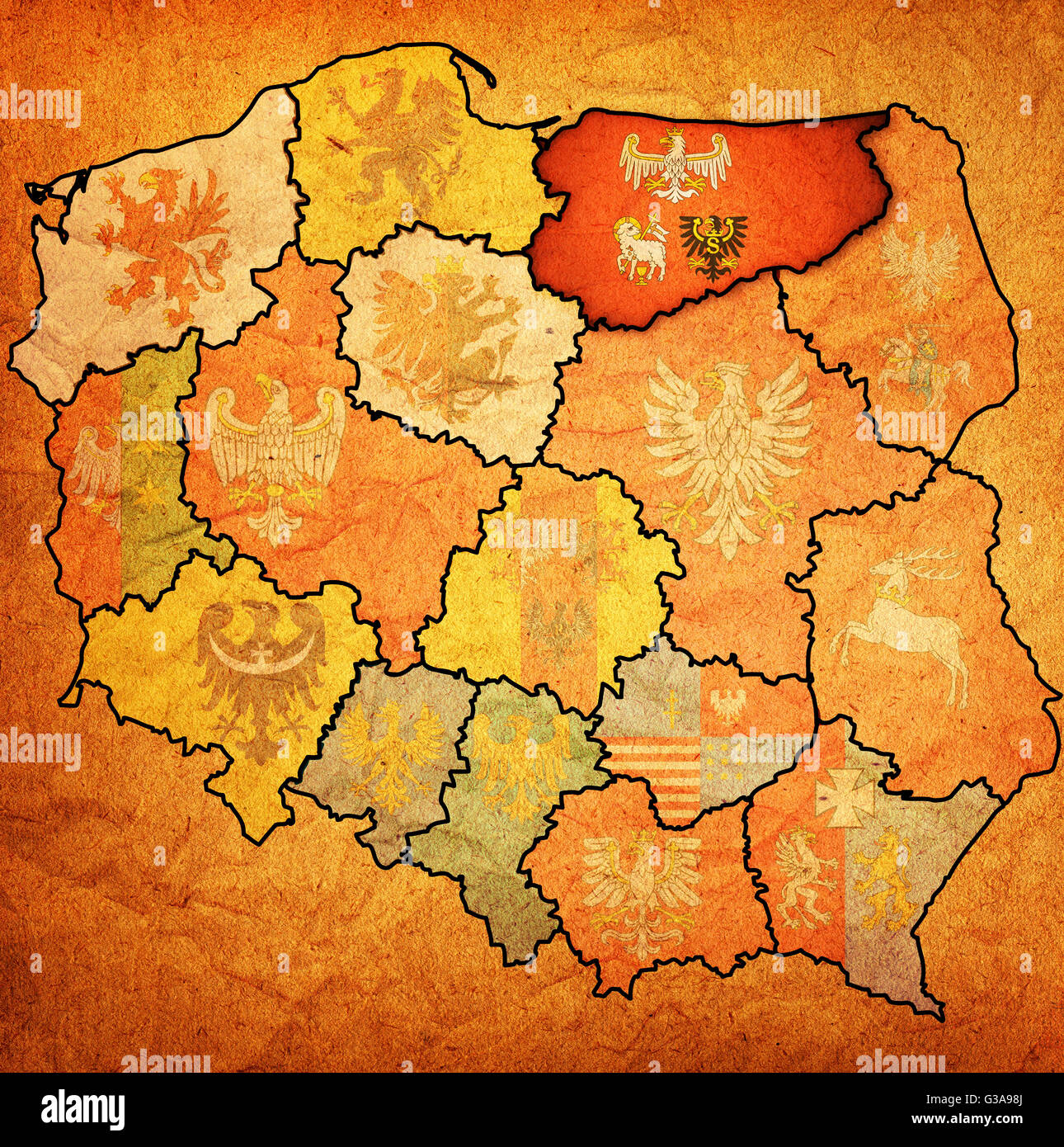 warmian masurian region on administration map of poland with flag of ...