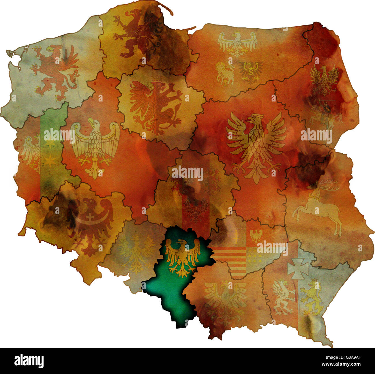 grunge map of provinces in poland with slaskie most visible Stock Photo ...