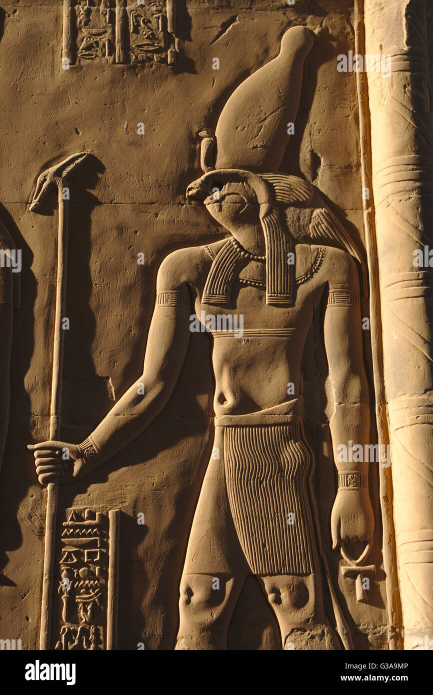 Horus, ancient Egyptian deity, falcon-headed, relief in the Temple of ...