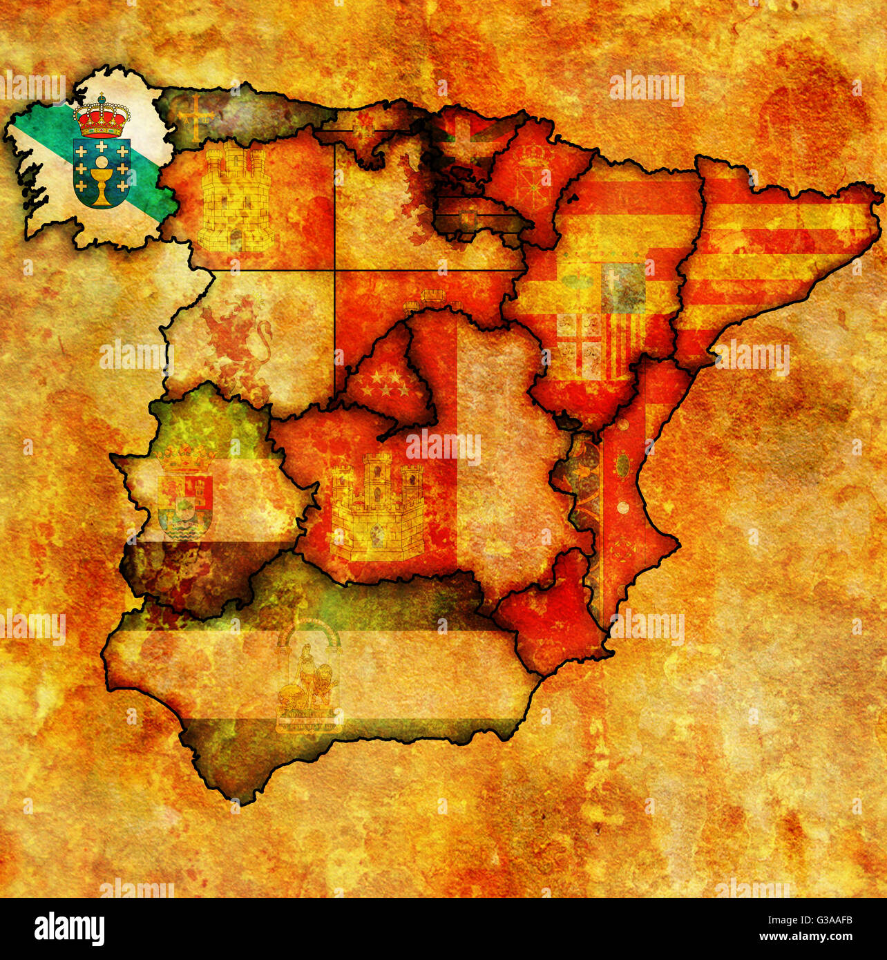 galicia region on administration map of regions of spain with flags and ...