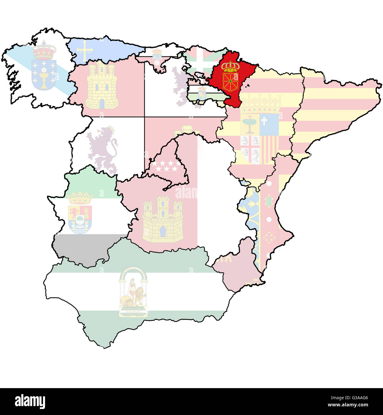navarre region on administration map of regions of spain with flags and ...