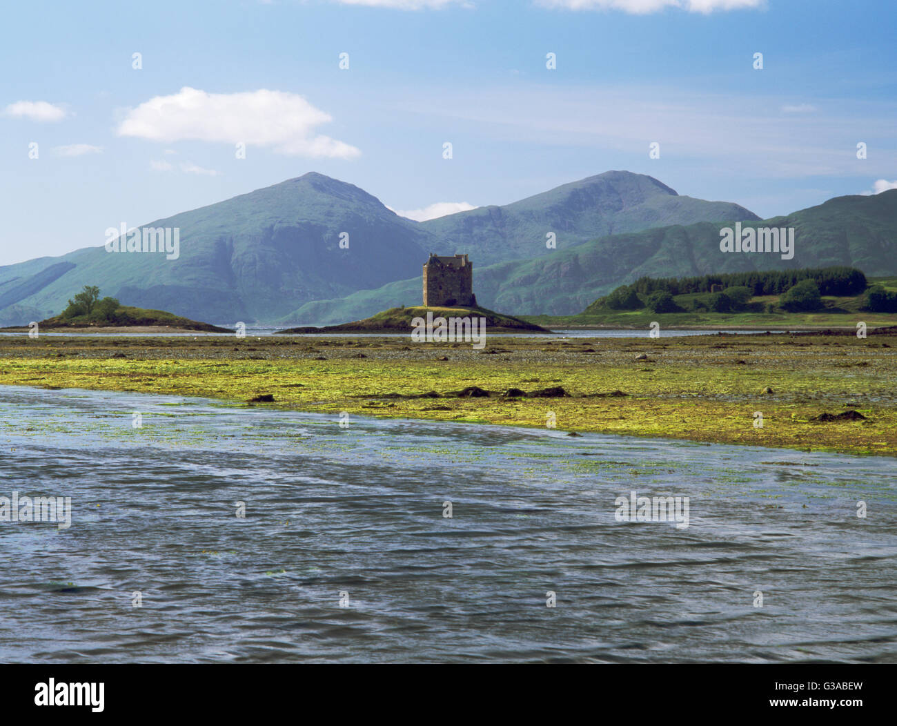 Looking north west at Castle Stalker on a tidal island in Loch Laich ...