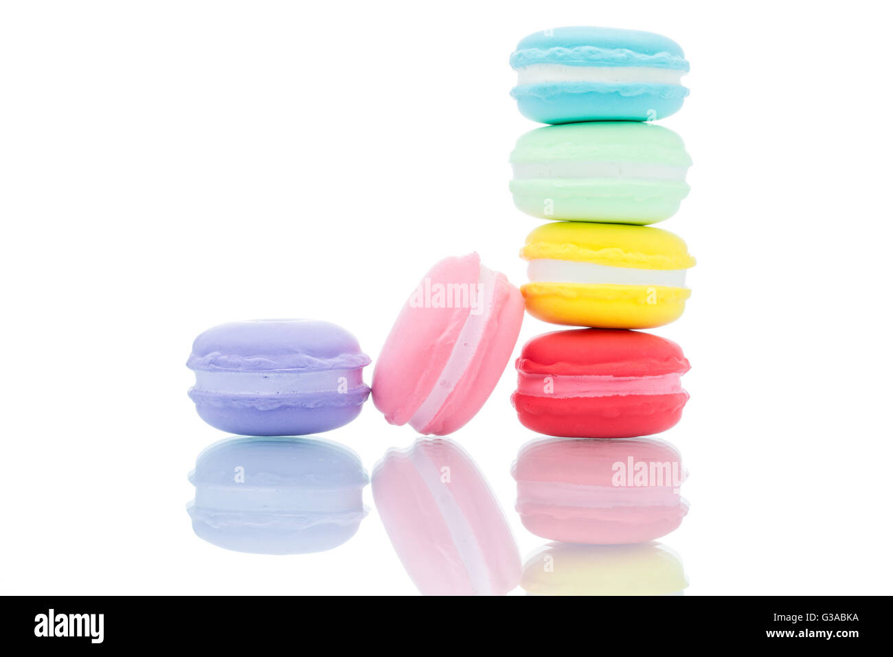 French colorful macarons stacks on white background, copy space Stock ...