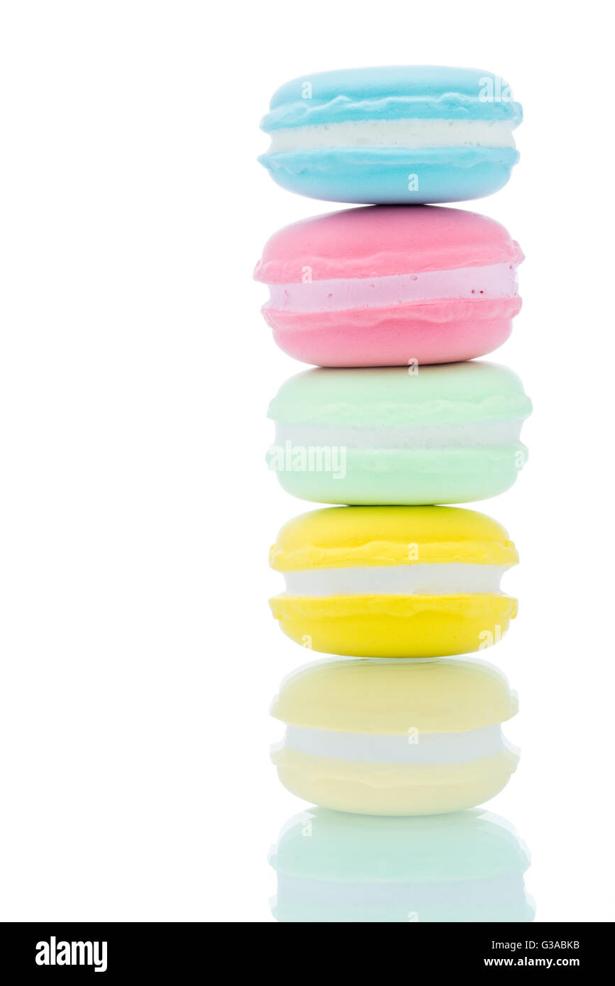 French colorful macarons stacks on white background, copy space Stock ...