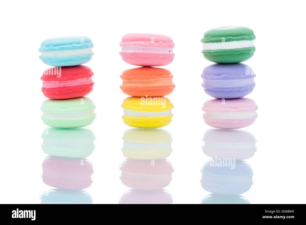French colorful macarons stacks on white background, copy space Stock ...