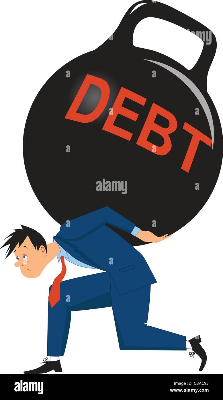 Overwhelming debt. Sad man carrying a big load of debt in a form of ...