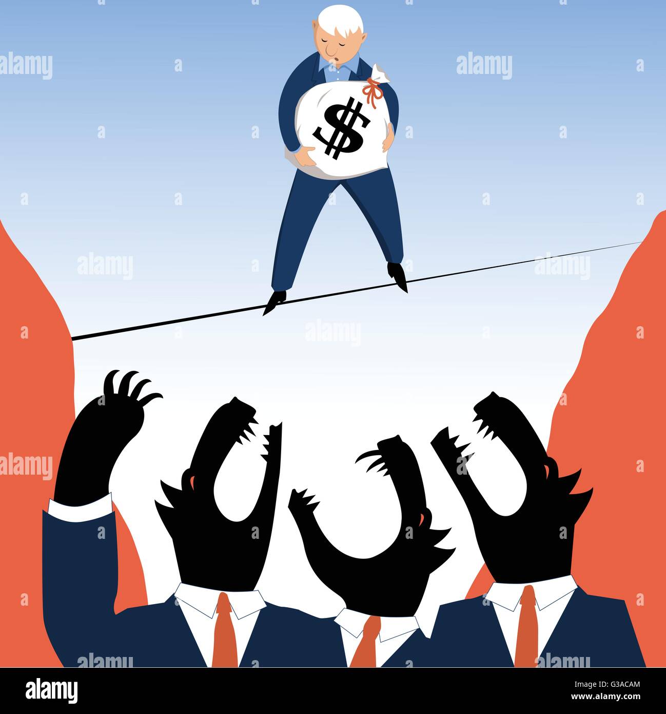 Man with a money bag walking on a tight rope over an abyss, trying to ...