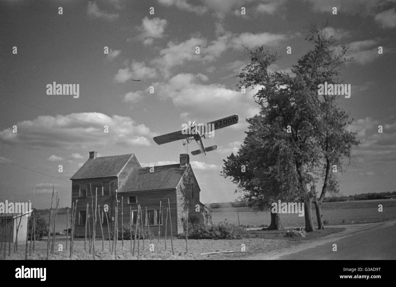 Dusting plane hedge-hopping after spraying swath on beanfield. These ...