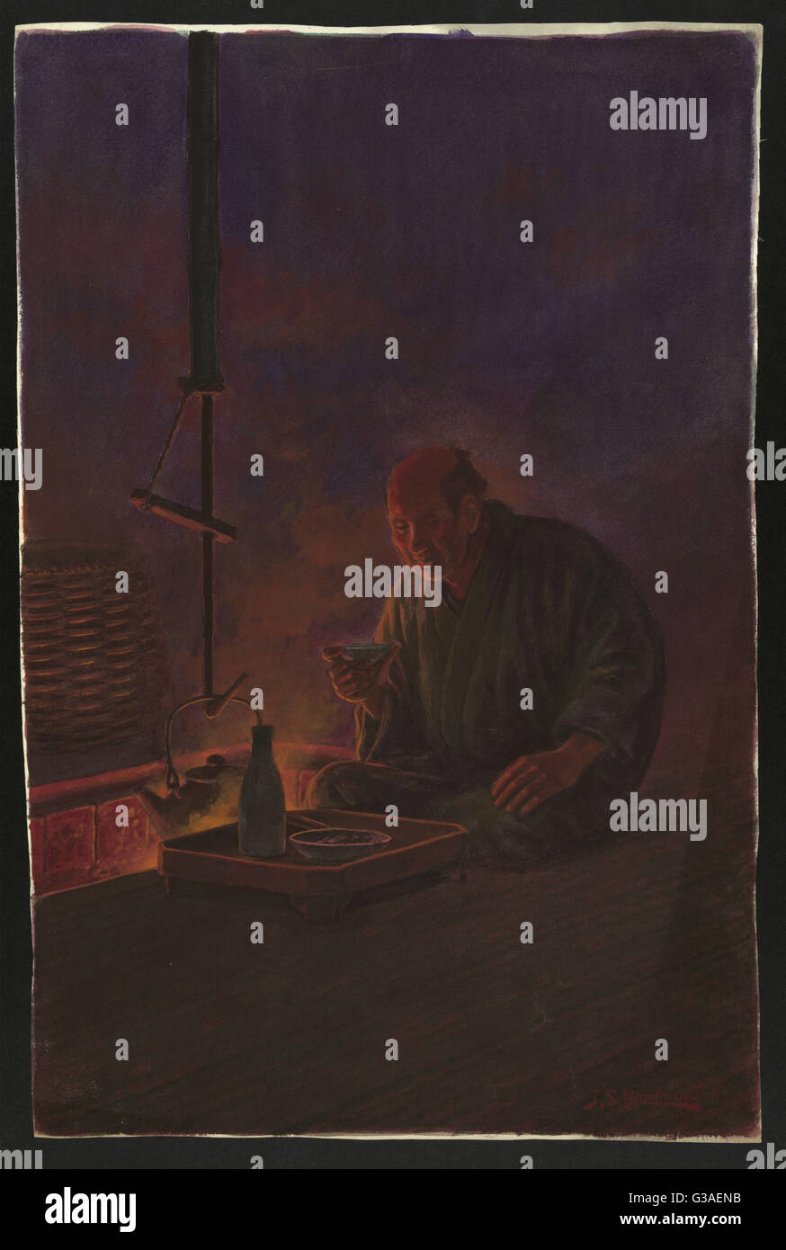 Man drinking sake before the hearth Stock Photo - Alamy